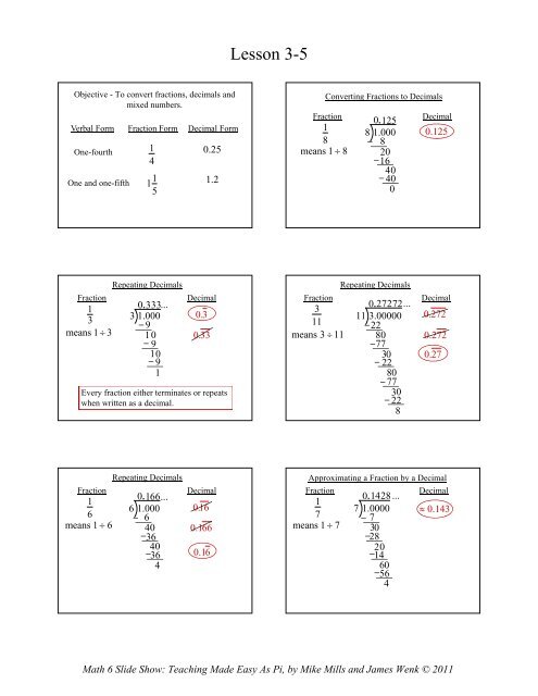 3-5 Equivalent Fractions and Decimals - Math Slide Show