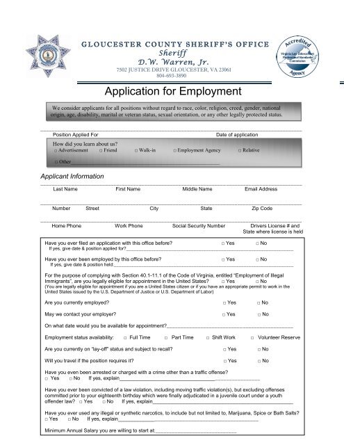 Job Application Form - Gloucester County Virginia