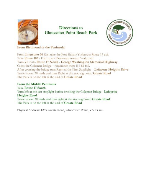 Directions to Gloucester Point Beach Park - Gloucester County Virginia