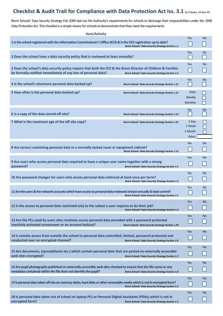 Checklist and audit trail for compliance with Data Protection Act ... Checklist and audit trail for compliance with Data Protection Act ...
