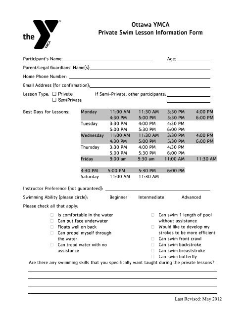 Private Swim Lesson Information Form - Ottawa YMCA