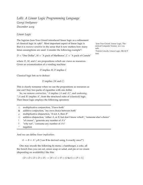 Lolli A Linear Logic Programming Language