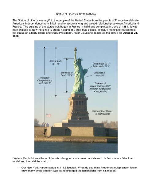 Statue of Liberty's 125th birthday The Statue of ... - Yummy Math