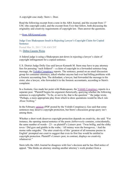 A copyright case study: Stern v. Does Read the following ... - English