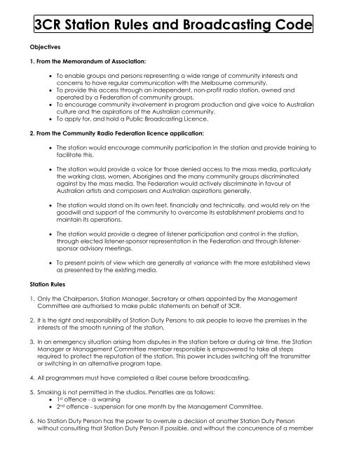 3CR Station Rules and Broadcasting Code - 3CR Community Radio