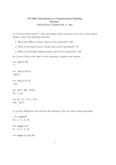 Cs 190c Introduction To Computational Thinking Exam 1