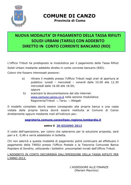 modalita' di compilazione modulo richiesta rid - Comune di Canzo