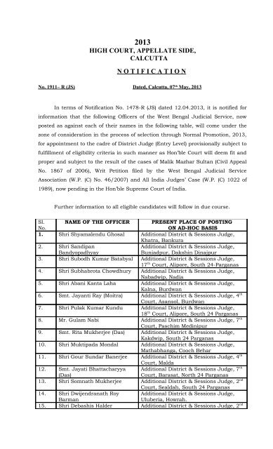 Notification No. 1911-R(JS) - Calcutta High Court
