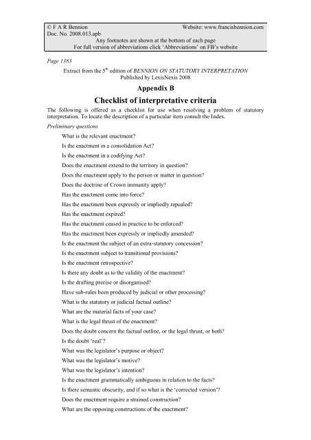Checklist of interpretative criteria - Francis Bennion