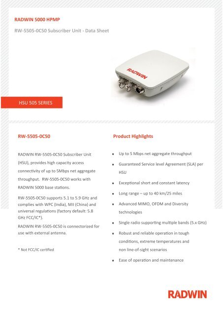 RADWIN 5000 HPMP RW-5505-0C50 Subscriber Unit ... - Winncom