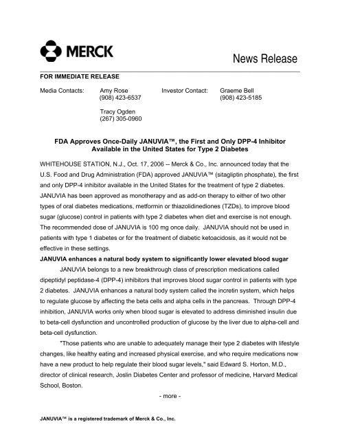 Januvia FDA Approval Press Release from Merck. - Glucagon.com