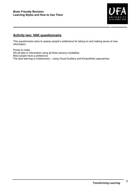 Activity two: VAK questionnaire