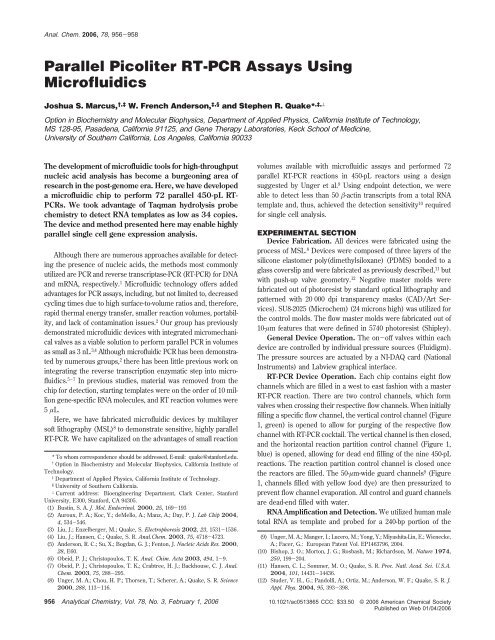 Parallel Picoliter RT-PCR Assays Using Microfluidics - Stephen Quake