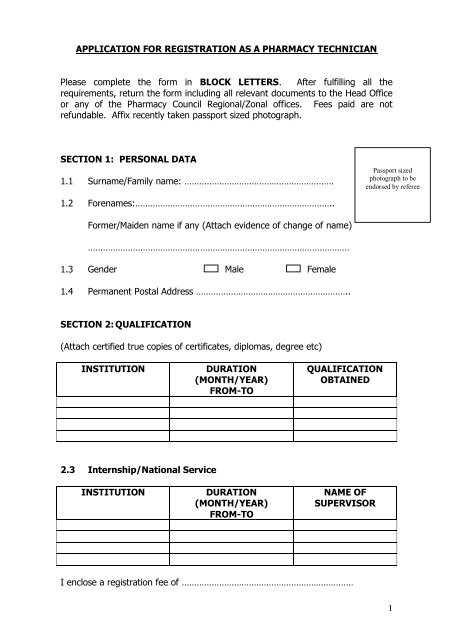 APPLICATION FOR REGISTRATION AS A PHARMACY TECHNICIAN
