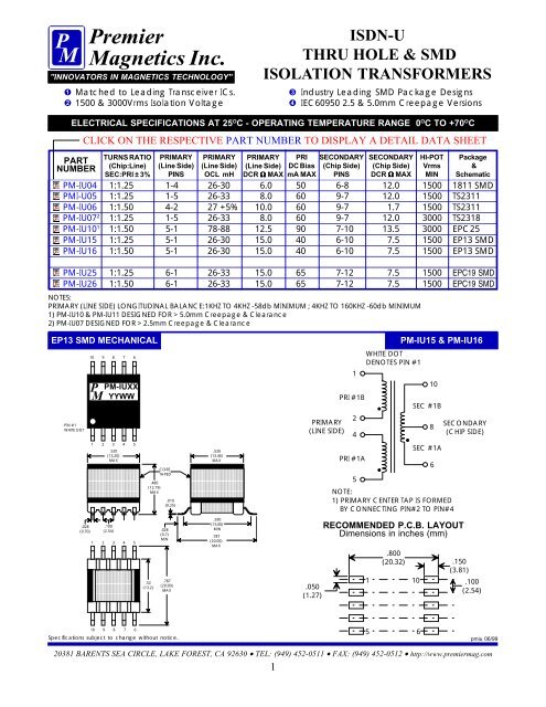 ISDN-U 1500V & 3000V Isolation Transformers - Premier Magnetics