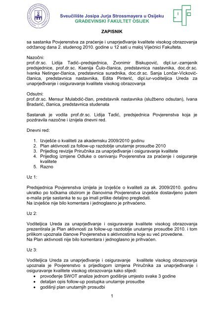 Zapisnik sa sastanka Povjerenstva za kvalitetu - SveuÄ iliÅ¡te Josipa ...
