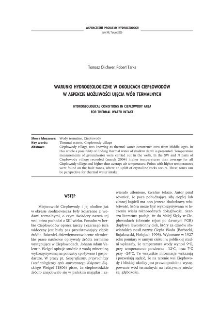 warunki hydrogeologiczne w okolicach ciepÅ owodÃ³w ... - Robert Tarka