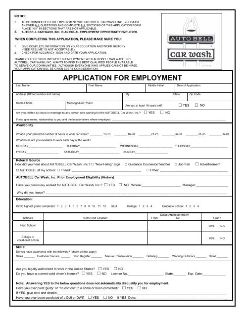 application for employment - Autobell Car Wash