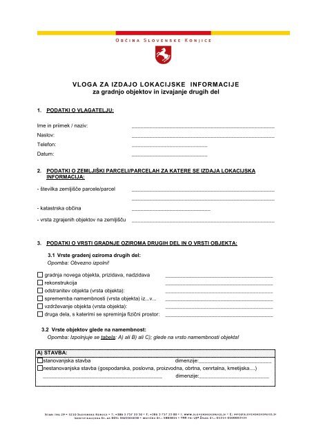 VLOGA ZA IZDAJO LOKACIJSKE INFORMACIJE za gradnjo ...