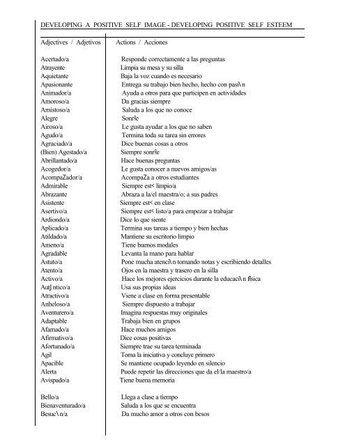 DEVELOPING POSITIVE SELF ESTEEM Adjectives / Adjetivos ...