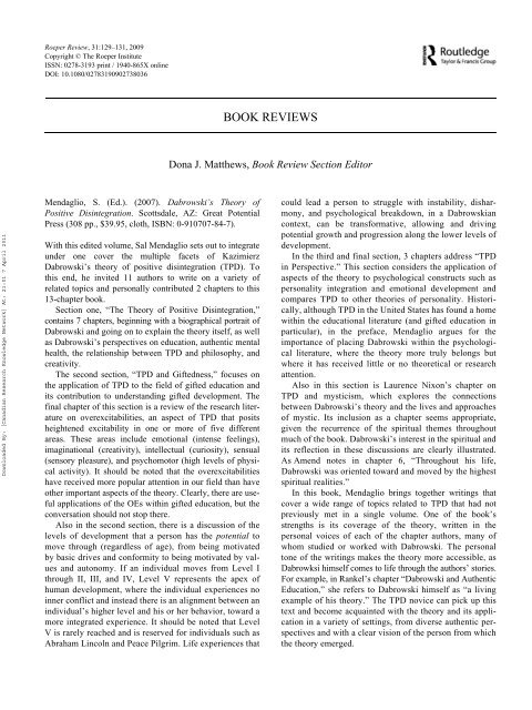 book reviews - Kazimierz Dabrowski's Theory of Positive ...