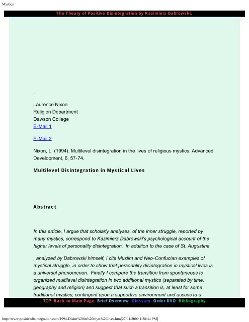 Mystics - Kazimierz Dabrowski's Theory of Positive Disintegration