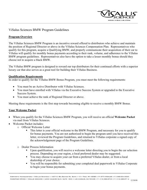 ViSalus Sciences BMW Program Guidelines - Ambassador Academy