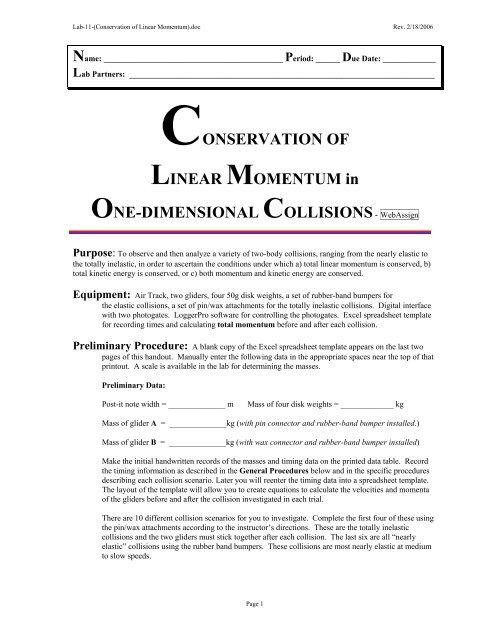 Lab 11 Conservation Of Linear Momentum