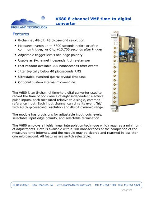 V680 8-channel VME time-to-digital converter Features - Highland ...
