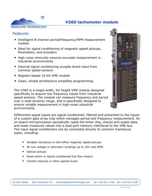 V360 tachometer module Features - Highland Technology