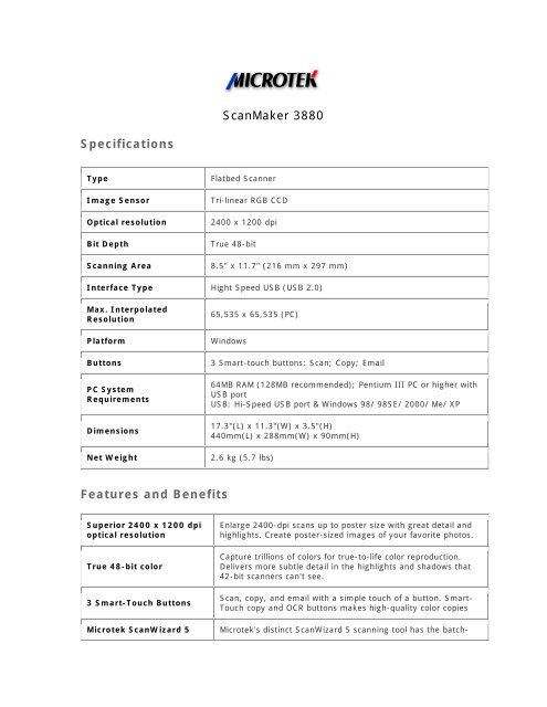 Scanmaker 3880 Specifications Features and Benefits