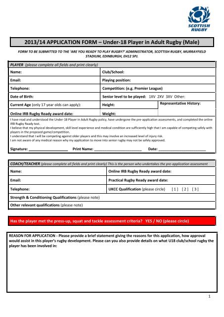 Male U18 in adult rugby application form - Scottish Rugby Union