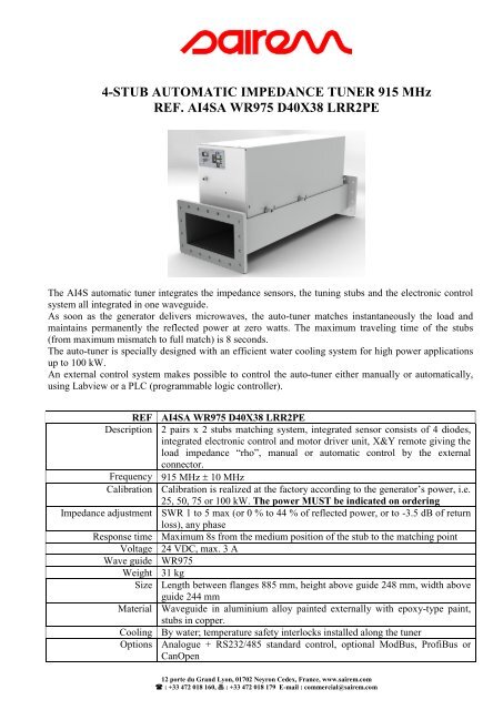 4-STUB AUTOMATIC IMPEDANCE TUNER 915 MHz REF. AI4SA ...