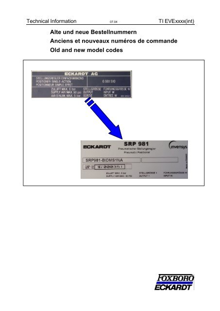 Ordering Numbers Comparison Table - FOXBORO ECKARDT