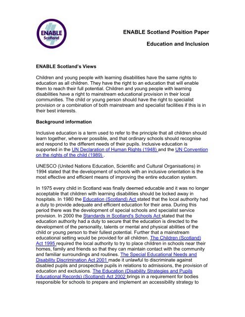 ENABLE Scotland Position Paper Education and Inclusion