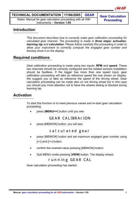 Another guide to gear calibration (PDF). - AiM Sports