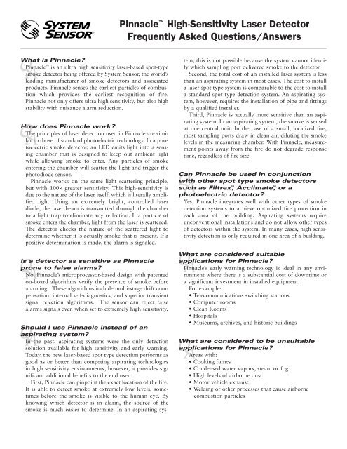 Pinnacle FAQs - System Sensor Canada
