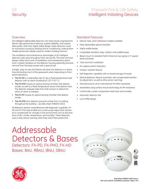 Data Sheet FX85001-0592 -- Analog Addressable Detectors and ...