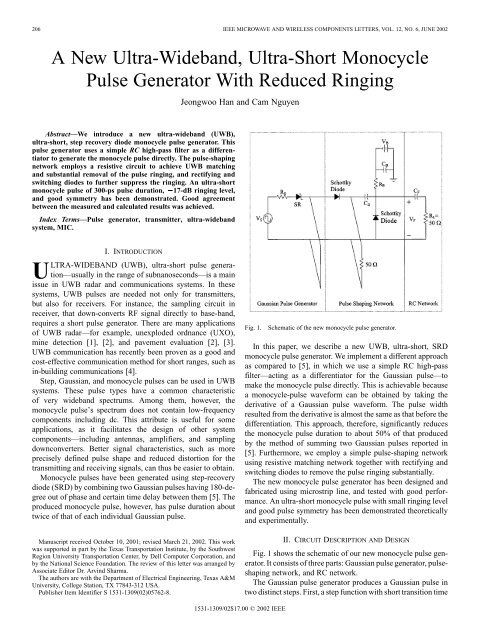 A new ultra-wideband, ultra-short monocycle pulse generator with ...
