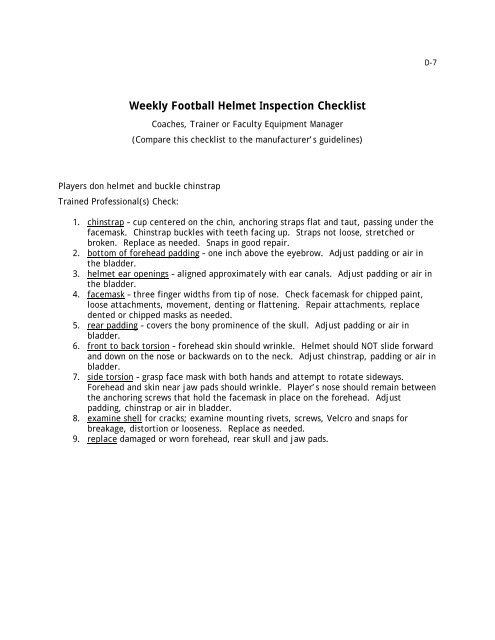Weekly Football Helmet Inspection Checklist