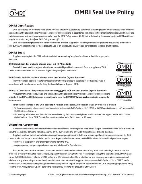 OMRI Listed Certificate & Seal Use - Nordox
