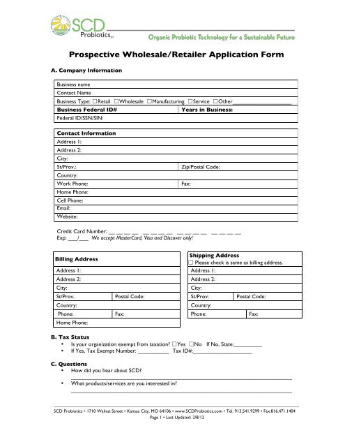 Prospective Wholesale/Retailer Application Form - SCD Probiotics