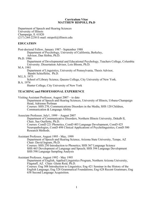 1 Curriculum Vitae MATTHEW RISPOLI, Ph.D Department of ...