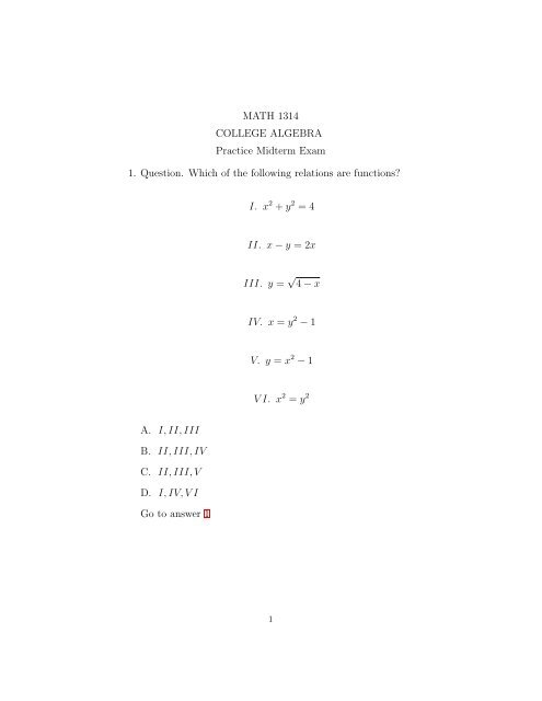 MATH 1314 COLLEGE ALGEBRA Practice Midterm Exam 1 ... MATH 1314 COLLEGE ALGEBRA Practice Midterm Exam 1 ...