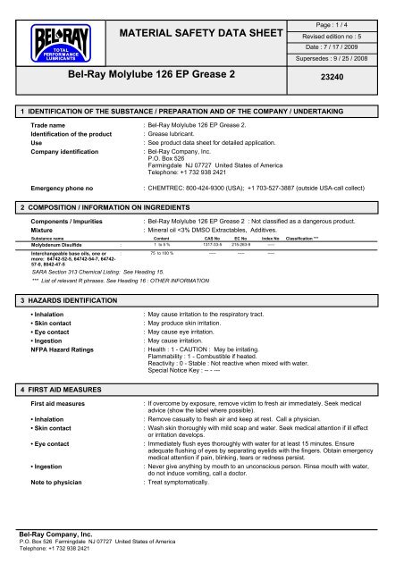 Bel-Ray Molylube 126 EP Grease 2 MSDS