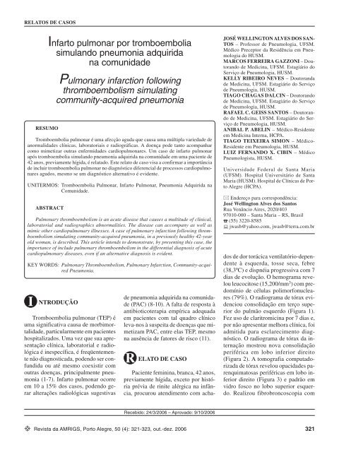 Infarto pulmonar por tromboembolia simulando pneumonia ...