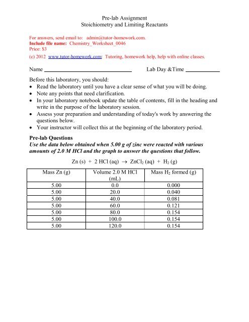 Pre-lab Assignment Stoichiometry and Limiting Reactants Name ...