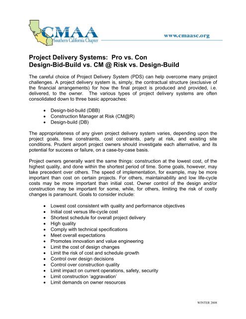 Project Delivery Systems: Pro vs. Con Design-Bid-Build vs ... - CMAA