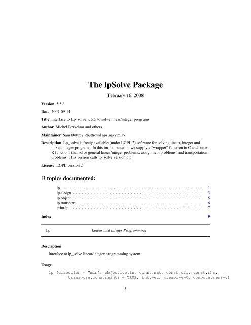 The lpSolve Package - NexTag Supports Open Source Initiatives