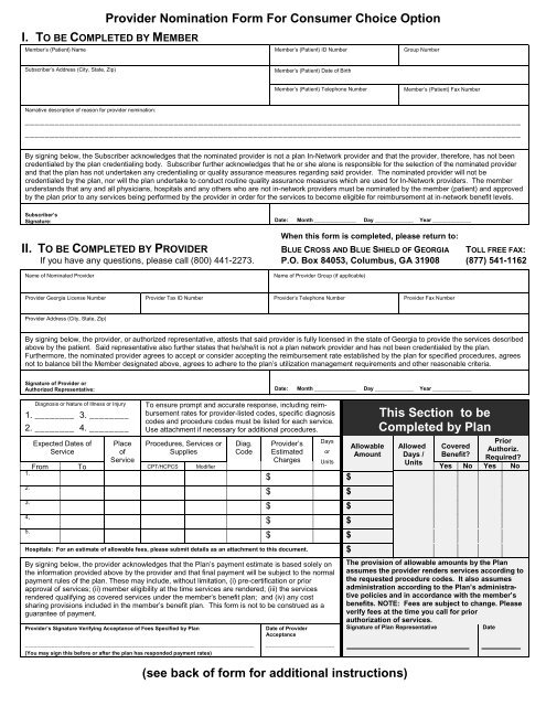 Provider Nomination Form For Consumer Choice Option